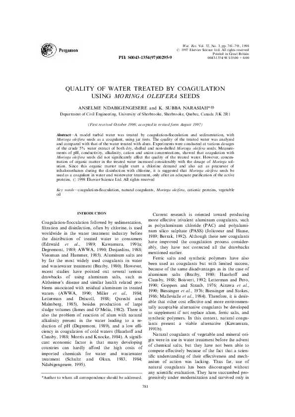 (PDF) Quality of water treated by coagulation using Moringa oleifera seeds