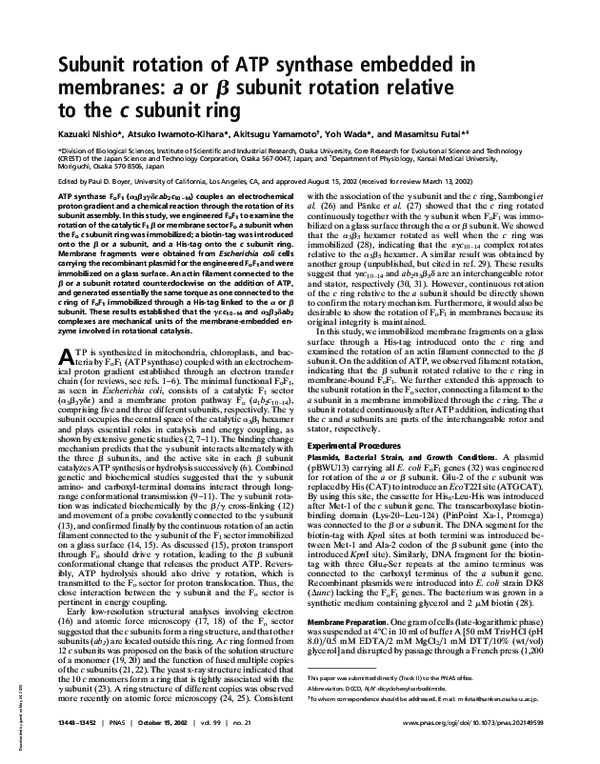 Pdf Subunit Rotation Of Atp Synthase Embedded In Membranes A Or Subunit Rotation Relative To