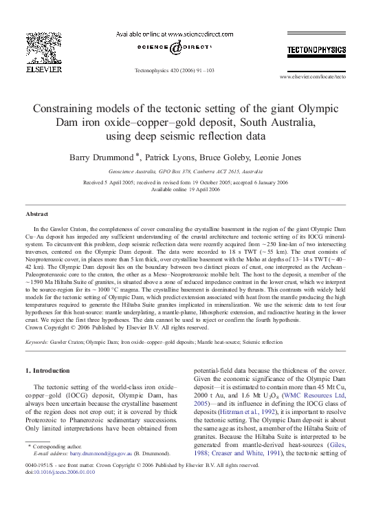 (PDF) Constraining models of the tectonic setting of the giant Olympic Dam iron oxide–copper ...