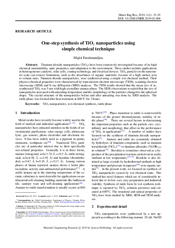 (PDF) One-step synthesis of TiO2 nanoparticles using simple chemical ...