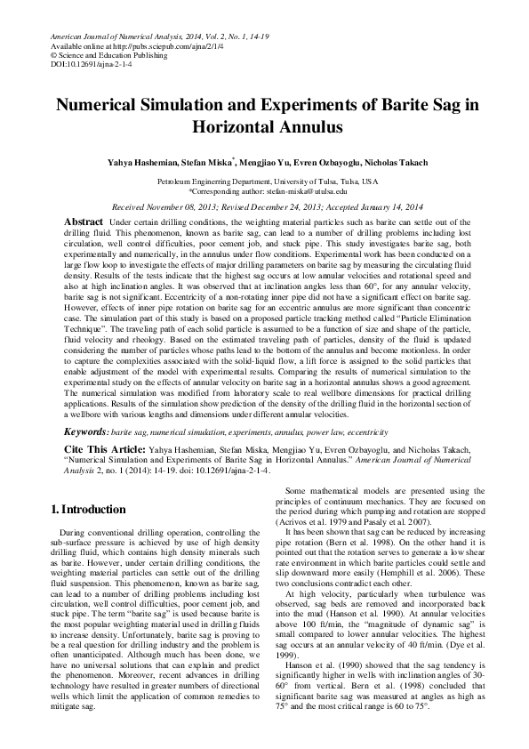 (PDF) Numerical Simulation and Experiments of Barite Sag in Horizontal ...