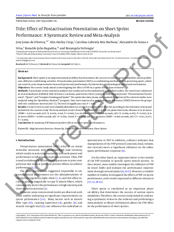 (PDF) Title: Effect of Postactivation Potentiation on Short Sprint Performance: A Systematic ...