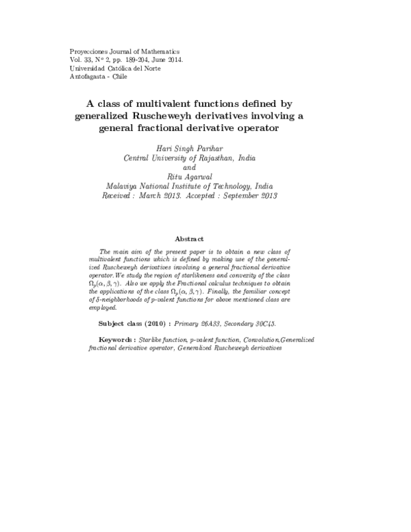 Pdf A Class Of Multivalent Functions Defined By Generalized Ruscheweyh Derivatives Involving A