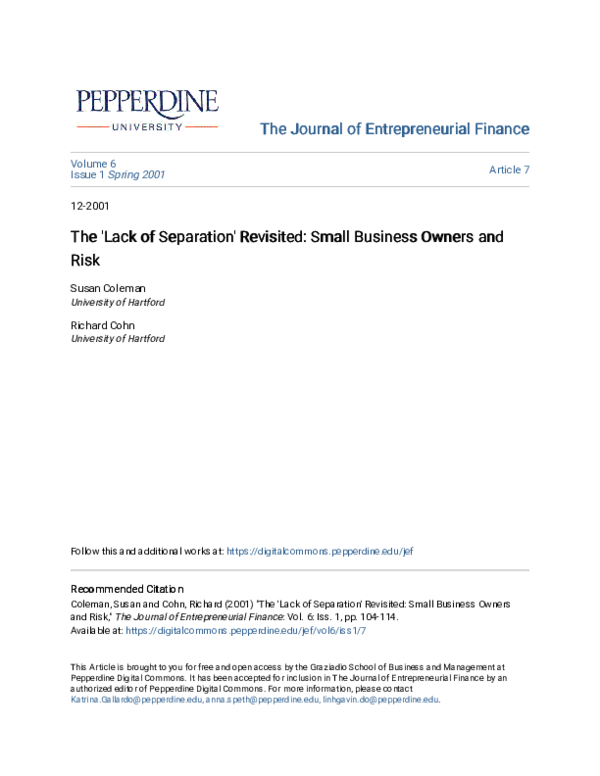 (PDF) The 'Lack of Separation' Revisited: Small Business Owners and Risk