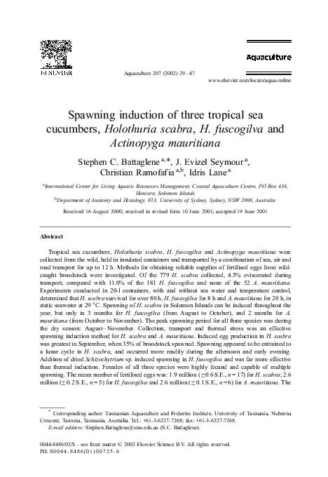 (PDF) Spawning induction of three tropical sea cucumbers, Holothuria ...