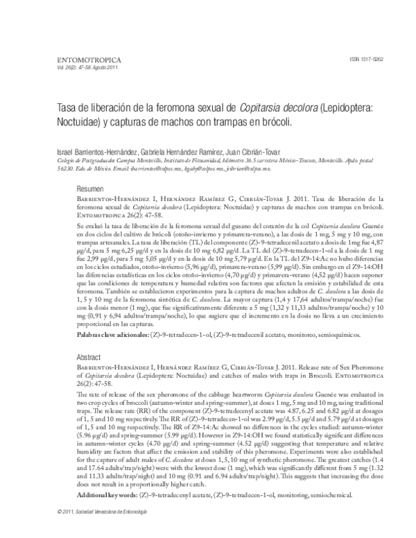 (PDF) Tasa de liberación de la feromona sexual de Copitarsia decolora ...
