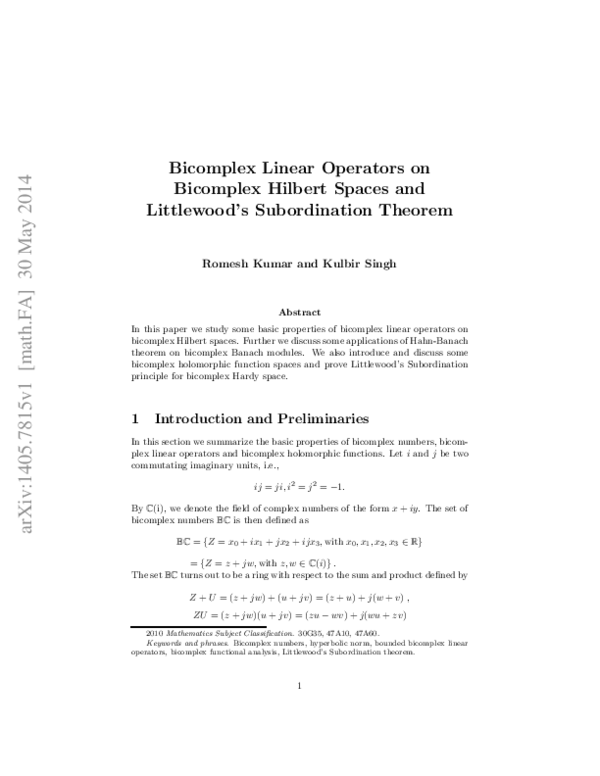 (PDF) Bicomplex Linear Operators on Bicomplex Hilbert Spaces and Littlewood’s Subordination Theorem