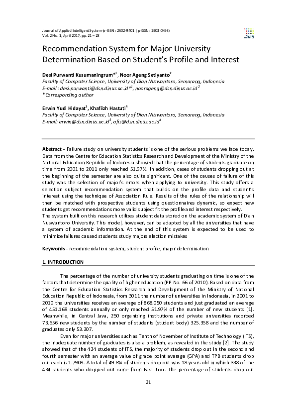 (PDF) Recommendation System for Major University Determination Based on ...