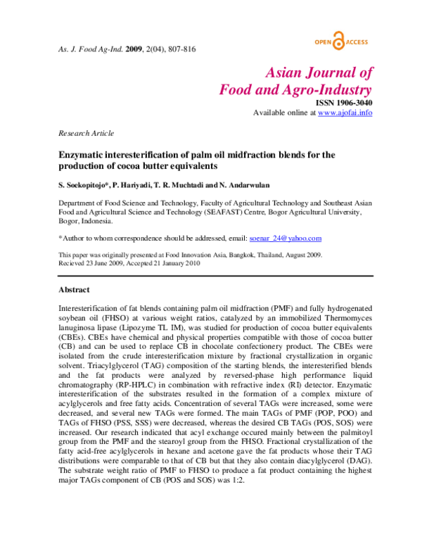 (PDF) Enzymatic interesterification of palm oil midfraction blends for the production of cocoa ...