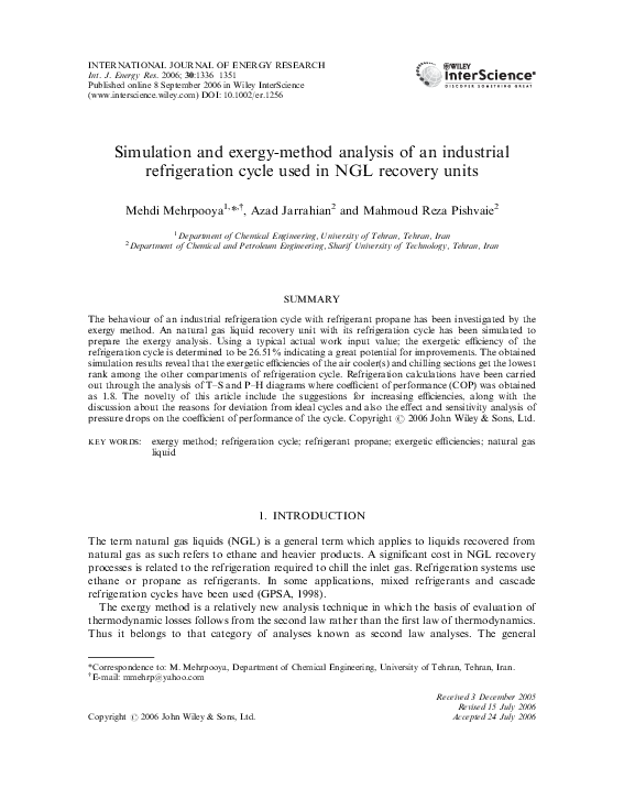 (PDF) Simulation and exergy-method analysis of an industrial refrigeration cycle used in NGL ...