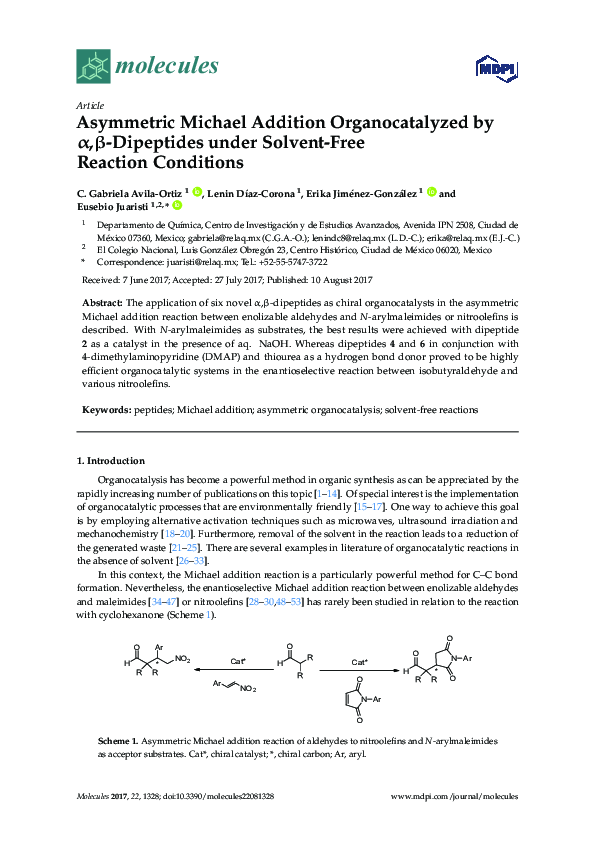 (PDF) Asymmetric Michael Addition Organocatalyzed by α,β-Dipeptides ...