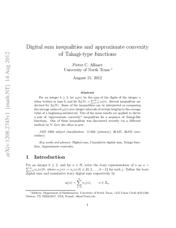 (PDF) Digital sum inequalities and approximate convexity of Takagi-type functions