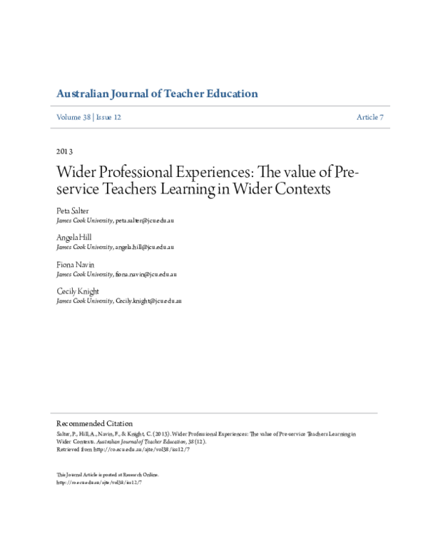 (PDF) Wider Professional Experiences: The value of Pre-service Teachers ...