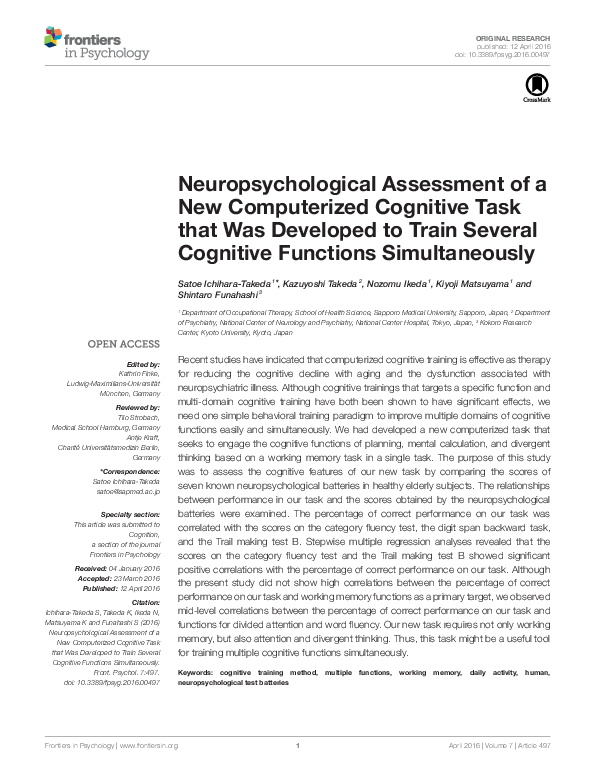 (PDF) Neuropsychological Assessment of a New Computerized Cognitive ...