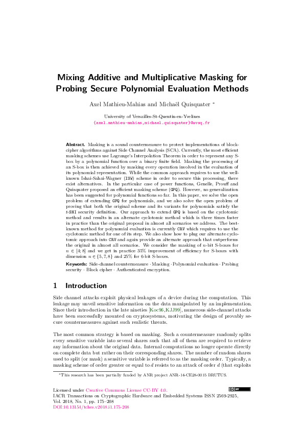 Pdf Mixing Additive And Multiplicative Masking For Probing Secure Polynomial Evaluation Methods