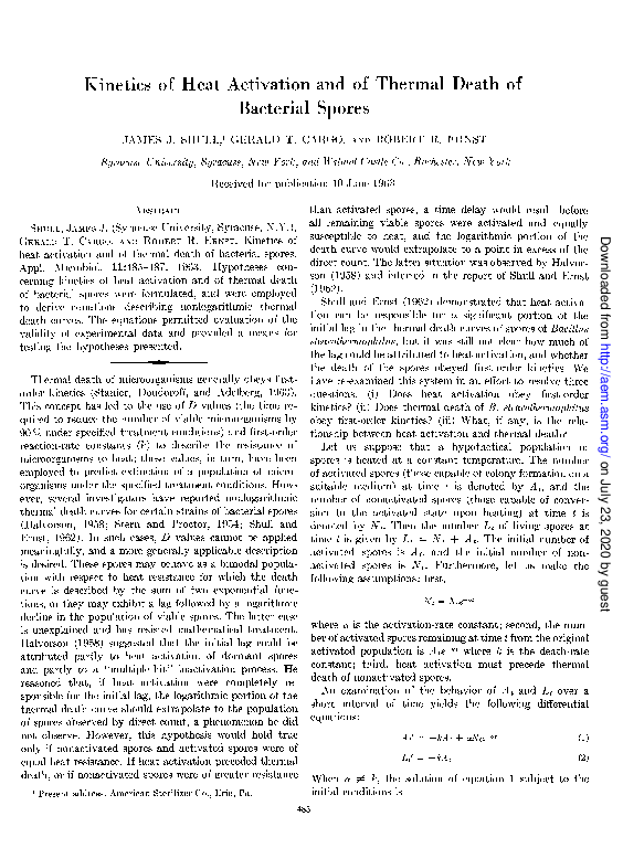 (PDF) Kinetics of Heat Activation and of Thermal Death of Bacterial Spores