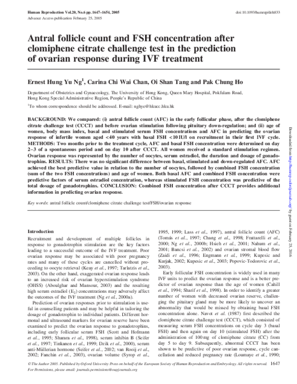 (PDF) Antral follicle count and FSH concentration after clomiphene ...