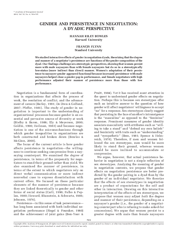 (PDF) Gender and Persistence in Negotiation: A Dyadic Perspective