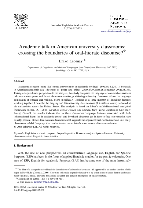 (PDF) Academic talk in American university classrooms: crossing the ...