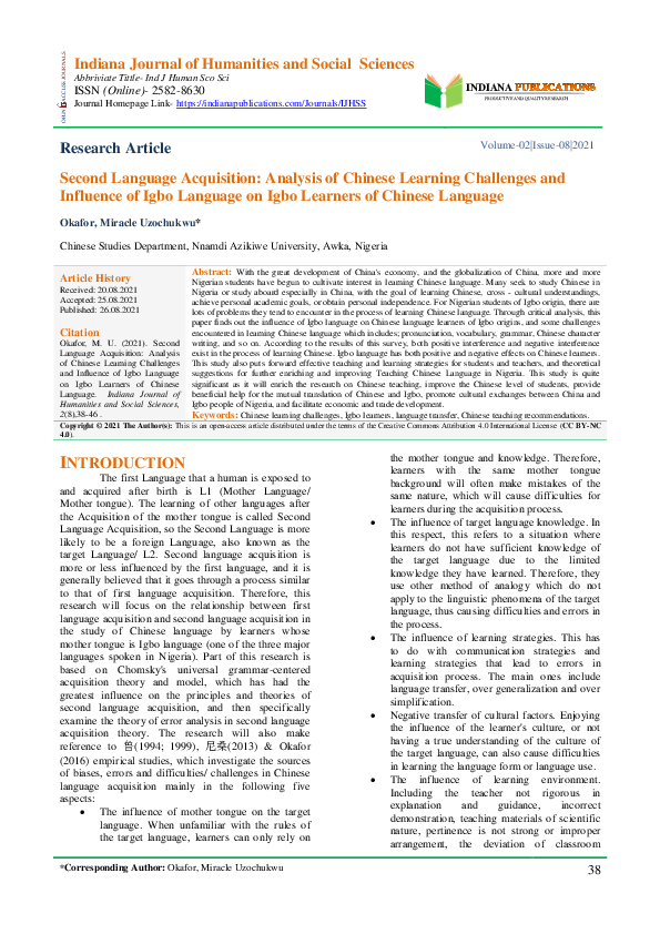 (PDF) Second Language Acquisition: Analysis of Chinese Learning ...