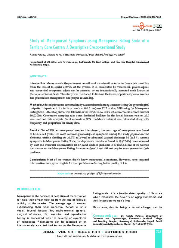 (PDF) Study of Menopausal Symptoms using Menopause Rating Scale at a ...