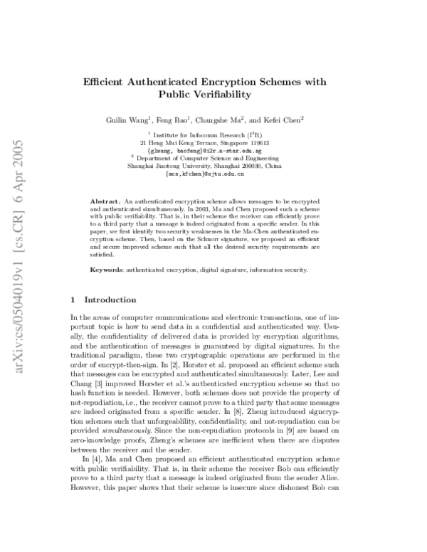 Pdf Efficient Authenticated Encryption Schemes With Public Verifiability