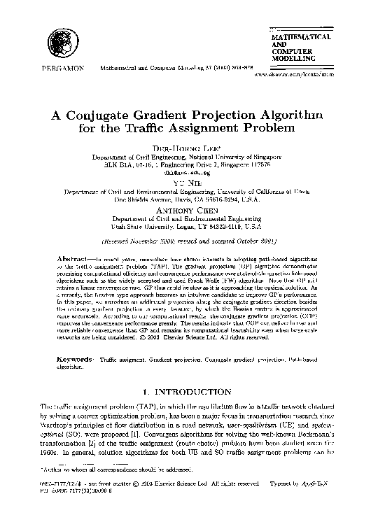 Pdf A Conjugate Gradient Projection Algorithm For The Traffic Assignment Problem Der Horng