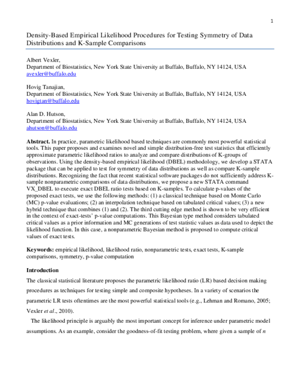 Pdf Density Based Empirical Likelihood Procedures For Testing Symmetry Of Data Distributions