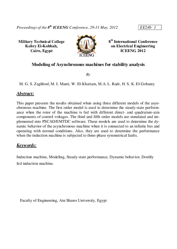 (PDF) Modeling of Asynchronous machines for stability analysis