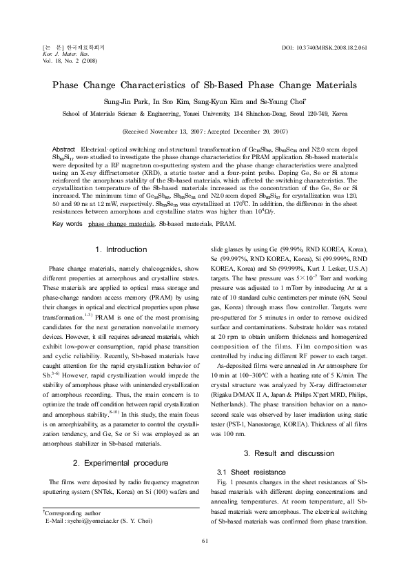 (PDF) Phase Change Characteristics of Sb-Based Phase Change Materials