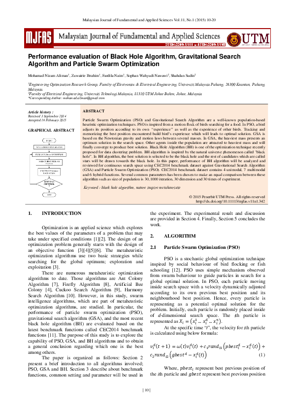 Pdf Performance Evaluation Of Black Hole Algorithm Gravitational Search Algorithm And