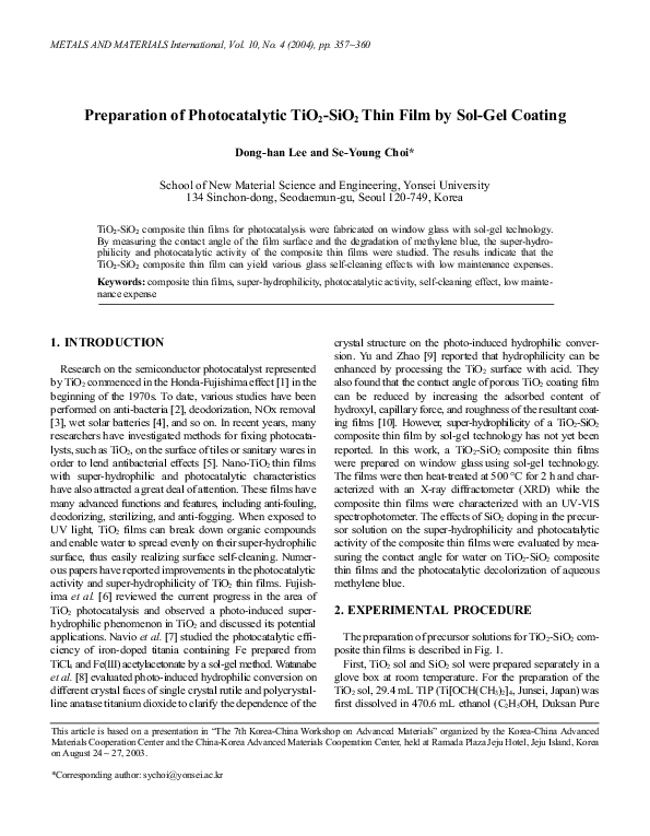 (PDF) Preparation of photocatalytic TiO2−SiO2 thin film by sol-gel coating
