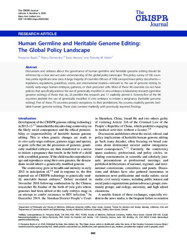 (PDF) Human Germline and Heritable Genome Editing: The Global Policy ...