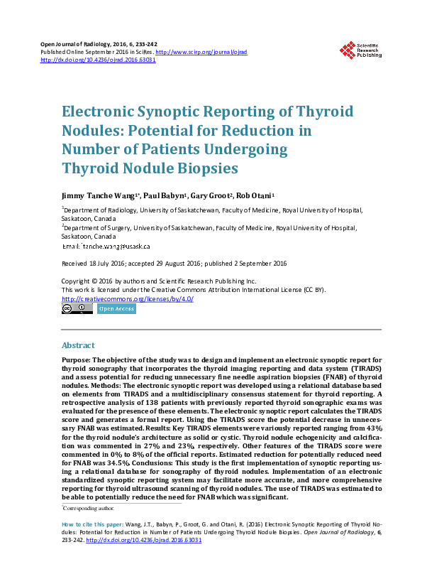 (PDF) Electronic Synoptic Reporting of Thyroid Nodules: Potential for ...