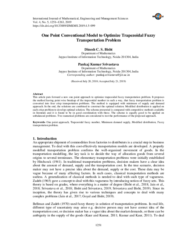 (PDF) One Point Conventional Model to Optimize Trapezoidal Fuzzy Transportation Problem