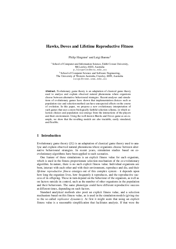 (PDF) Hawks, Doves and Lifetime Reproductive Success | Philip Hingston ...