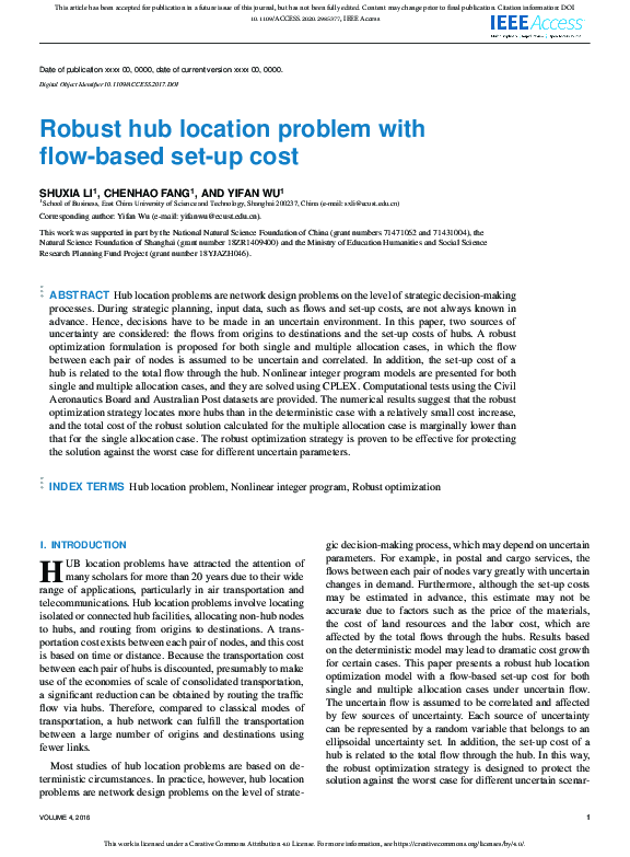(PDF) Robust hub location problem with flow-based set-up cost