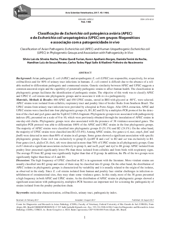 (PDF) Classification of Avian Pathogenic Escherichia coli (APEC) and ...