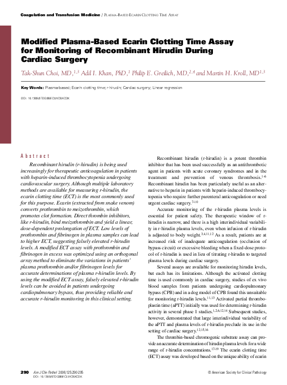 (PDF) Modified plasma-based ecarin clotting time assay for monitoring ...