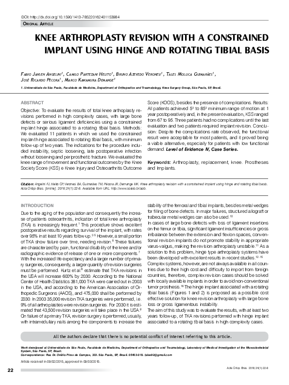 (PDF) Knee Arthroplasty Revision with a Constrained Implant Using Hinge ...
