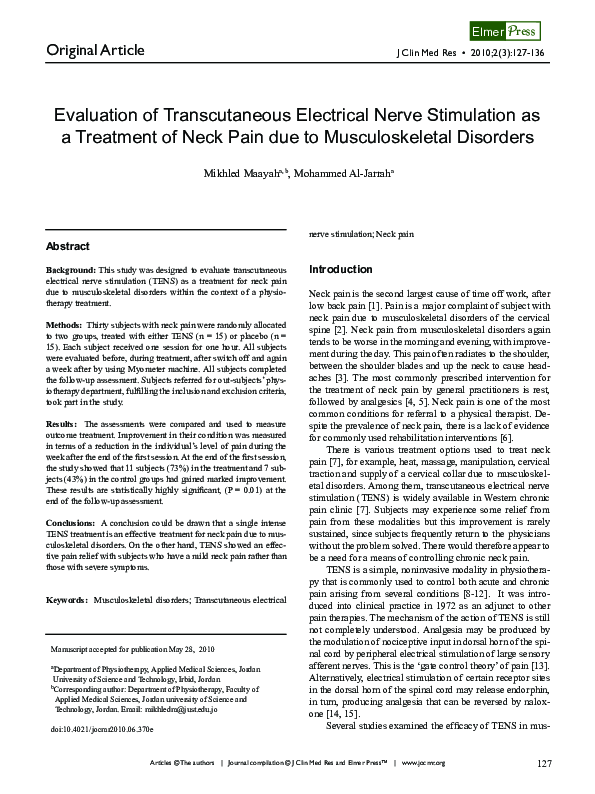 (PDF) Evaluation of Transcutaneous Electrical Nerve Stimulation as a Treatment of Neck Pain due ...