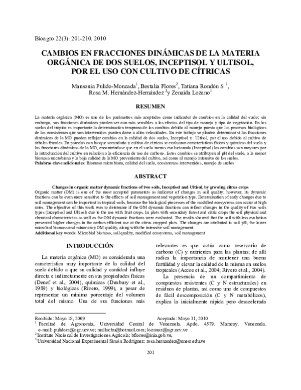 (PDF) Cambios en fracciones dinámicas de la materia orgánica de dos ...