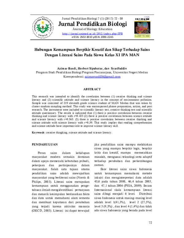 (PDF) Hubungan Kemampuan Berpikir Kreatif dan Sikap Terhadap Sains Dengan Literasi Sains Pada ...