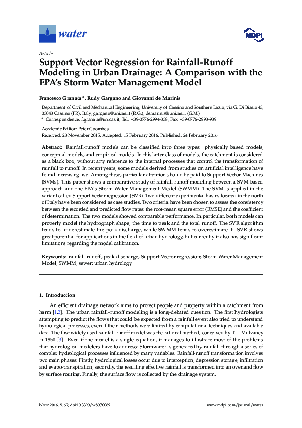 Pdf Support Vector Regression For Rainfall Runoff Modeling In Urban