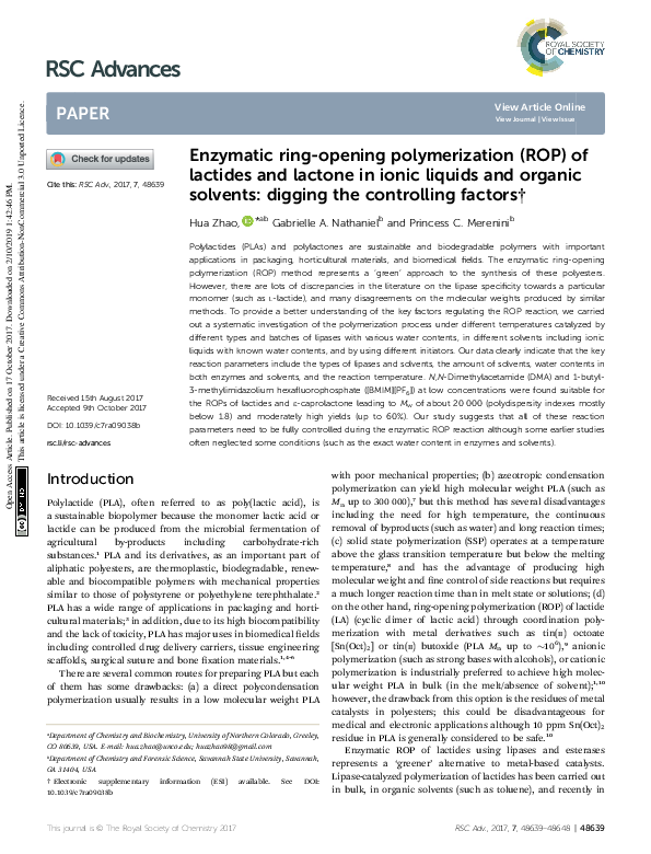 (PDF) Enzymatic ring-opening polymerization (ROP) of lactides and ...