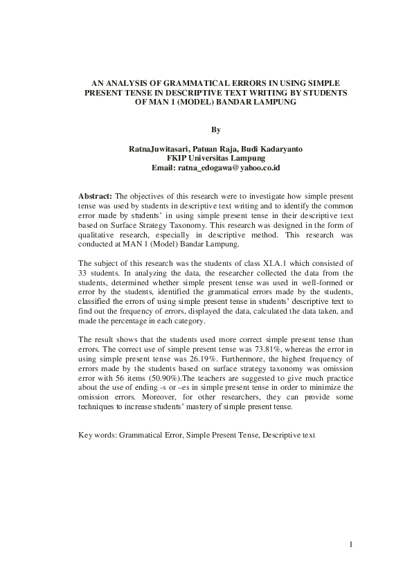 Pdf An Analysis Of Grammatical Errors In Using Simple Present Tense 4592