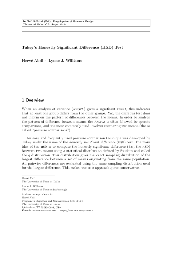 (PDF) Tukey's Honestly Signiflcant Difierence (HSD) Test