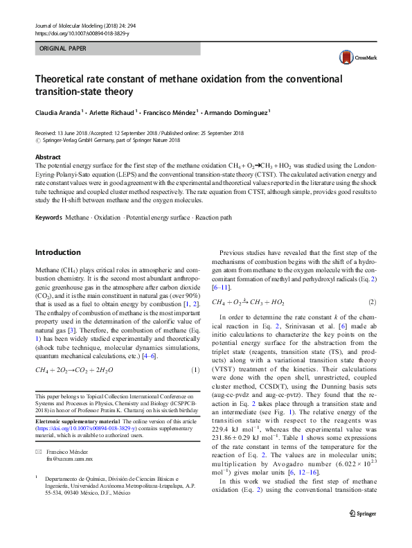 (PDF) Theoretical rate constant of methane oxidation from the ...