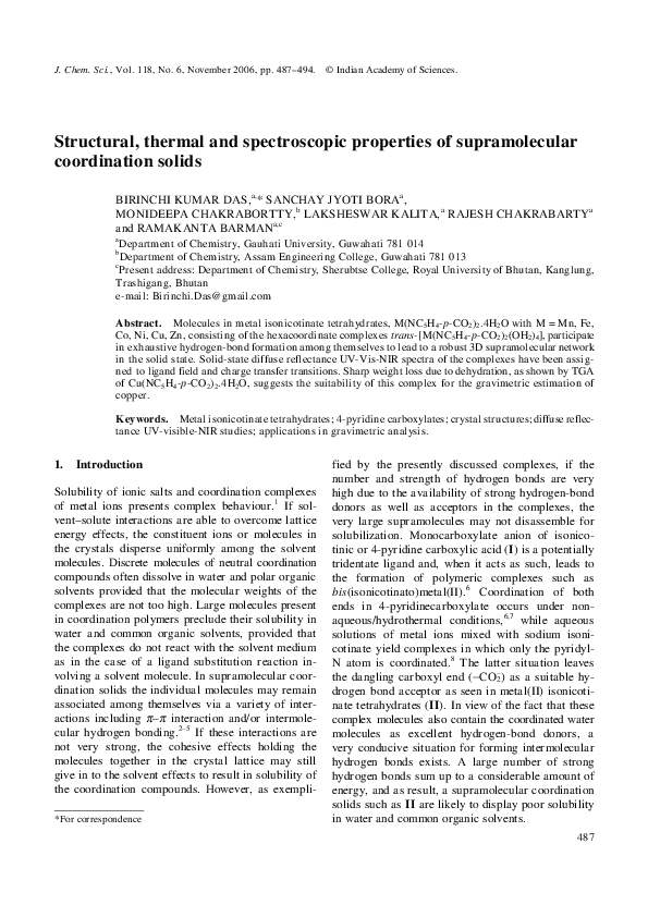 (PDF) Structural, thermal and spectroscopic properties of supramolecular coordination solids ...