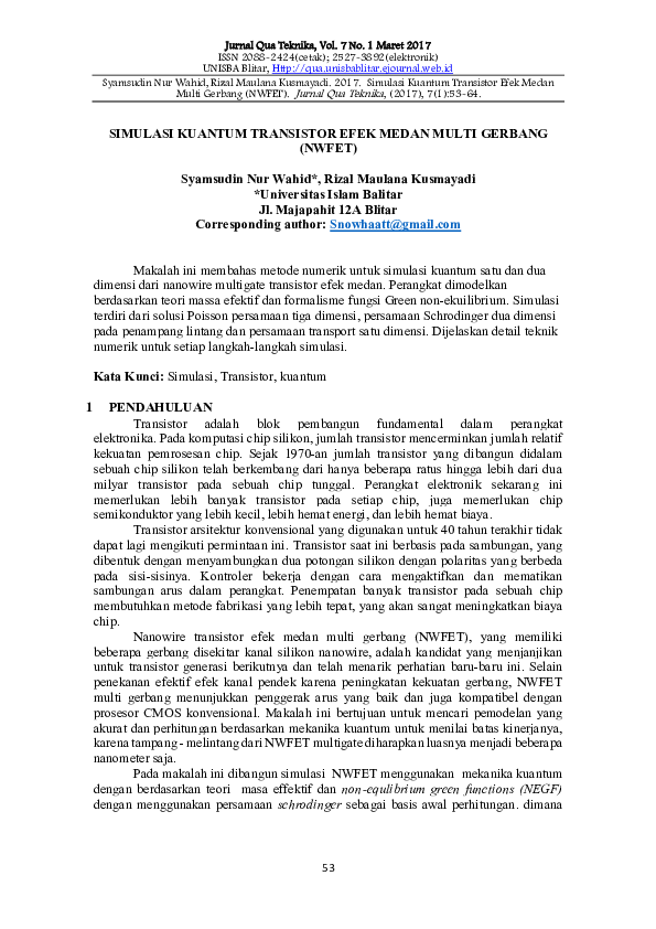 (PDF) Simulasi Kuantum Transistor Efek Medan Multi Gerbang (Nwfet)